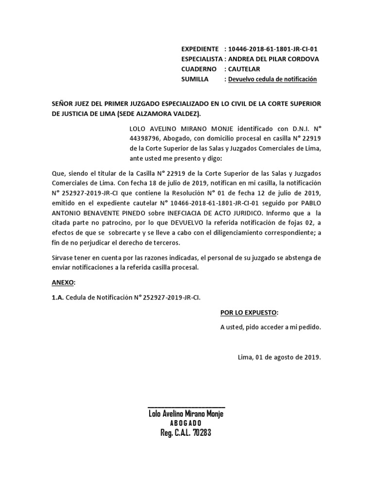 Escrito Devolucion de Cedula de Notificacion. | PDF