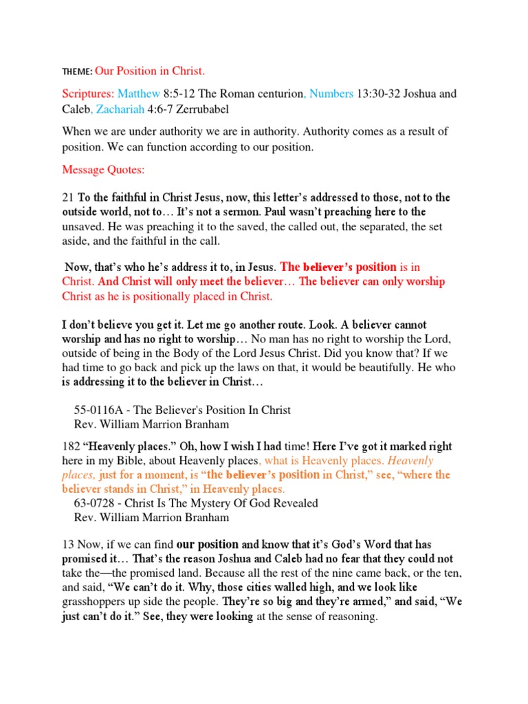 Matthew, Numbers, Zachariah: Our Position in Christ. Scriptures | PDF ...