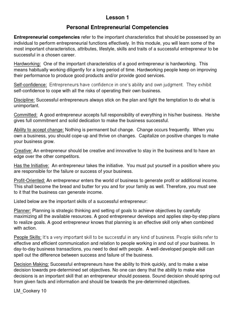 Lesson 1 Personal Entrepreneurial Competencies | PDF | Entrepreneurship ...