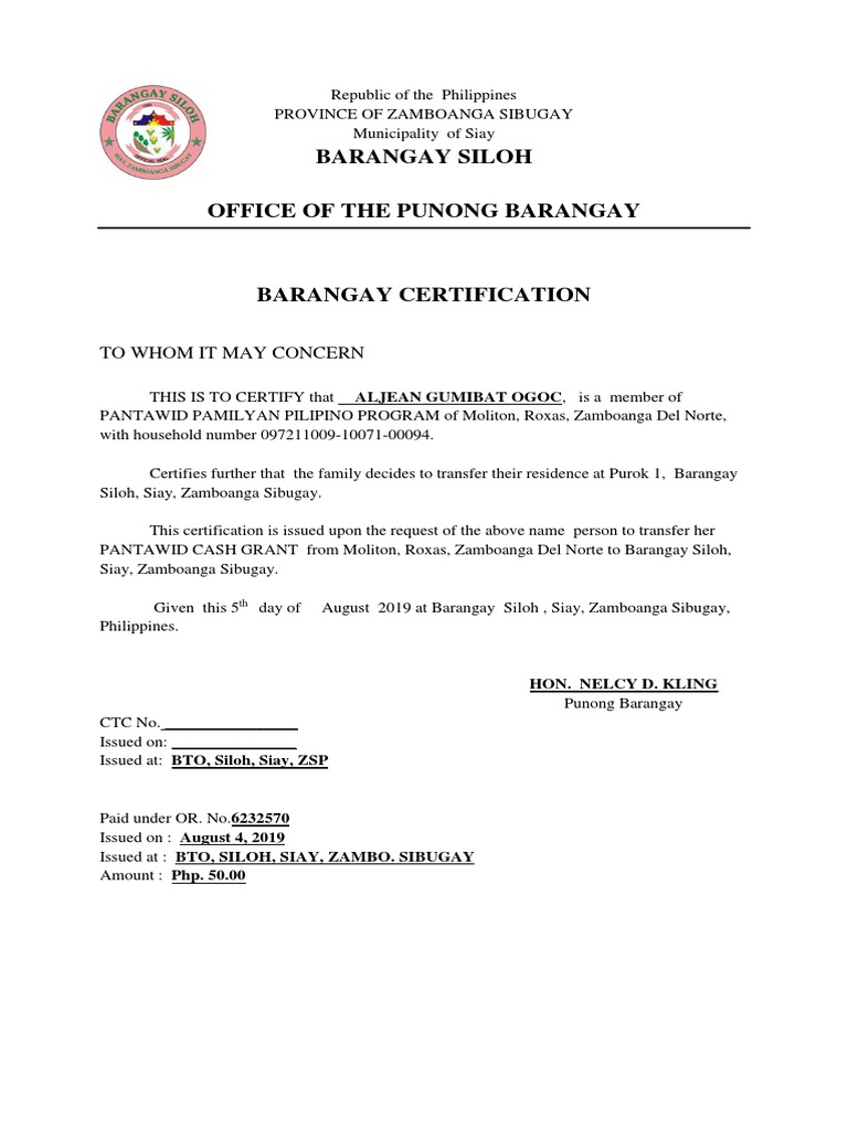 Barangay Certification Pantawid | PDF