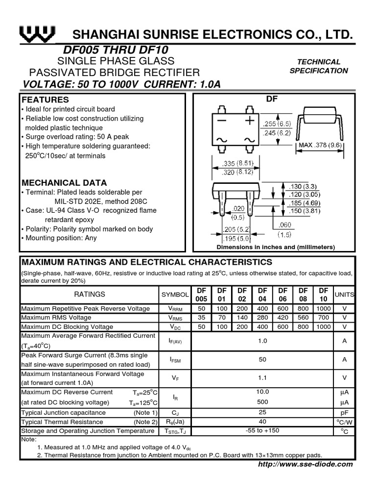Shanghai Sunrise Electronics Co., LTD.: DF005 THRU DF10 | PDF | Rectifier | Capacitor