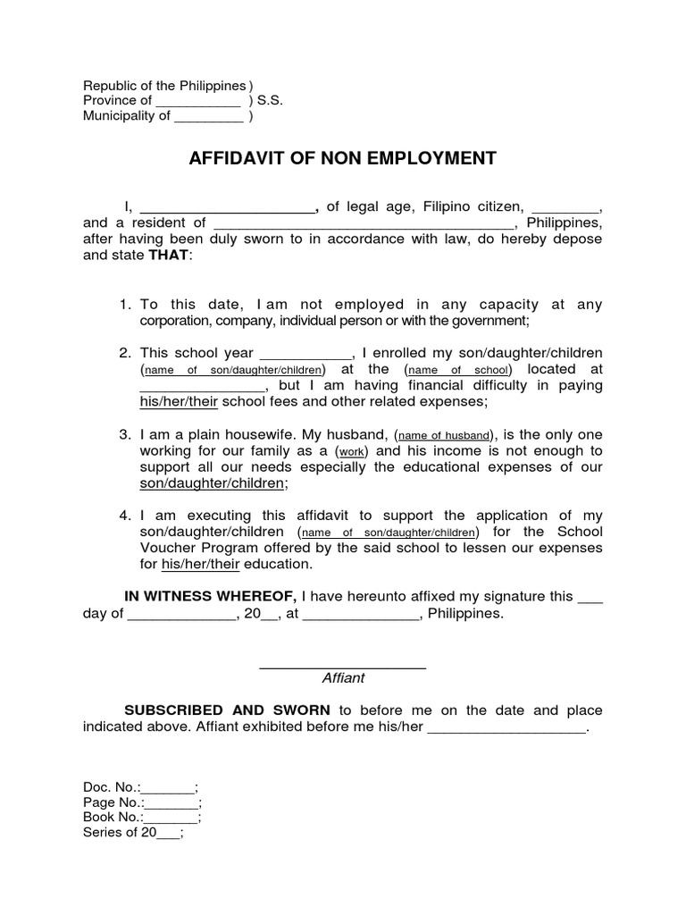Affidavit of Non Employment | PDF