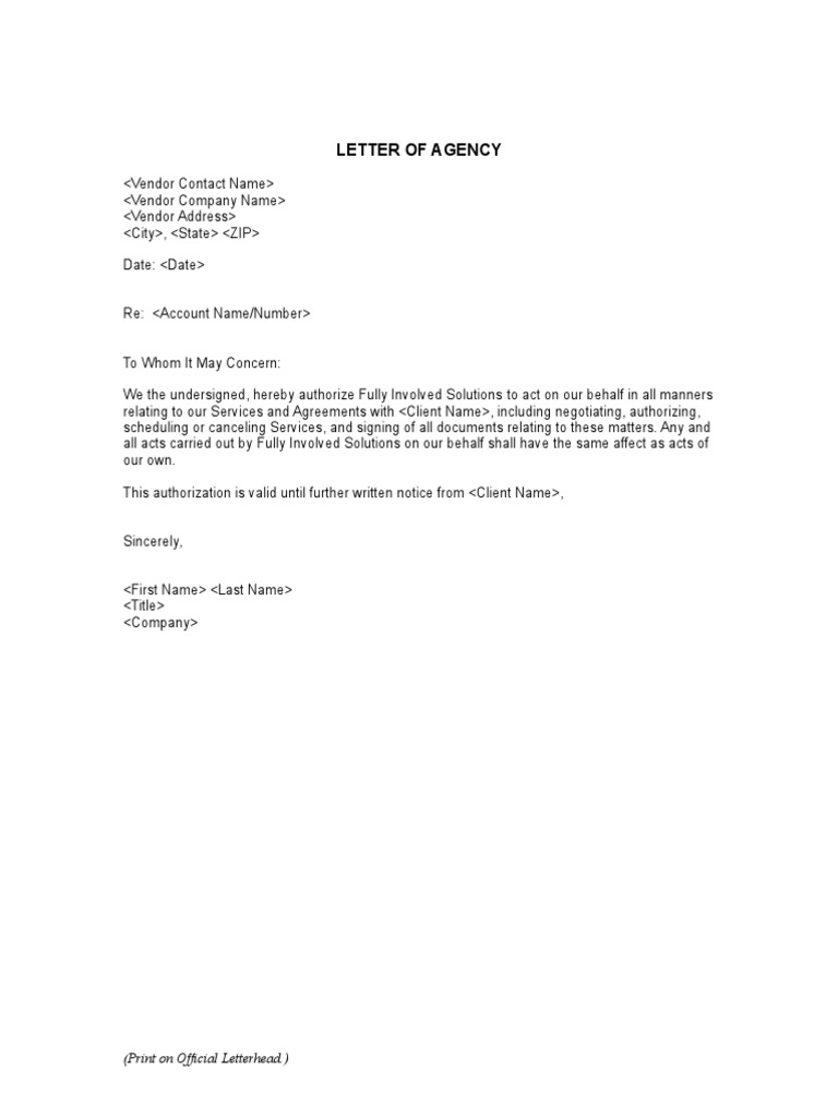 Letter of Agency Authorization Template | PDF