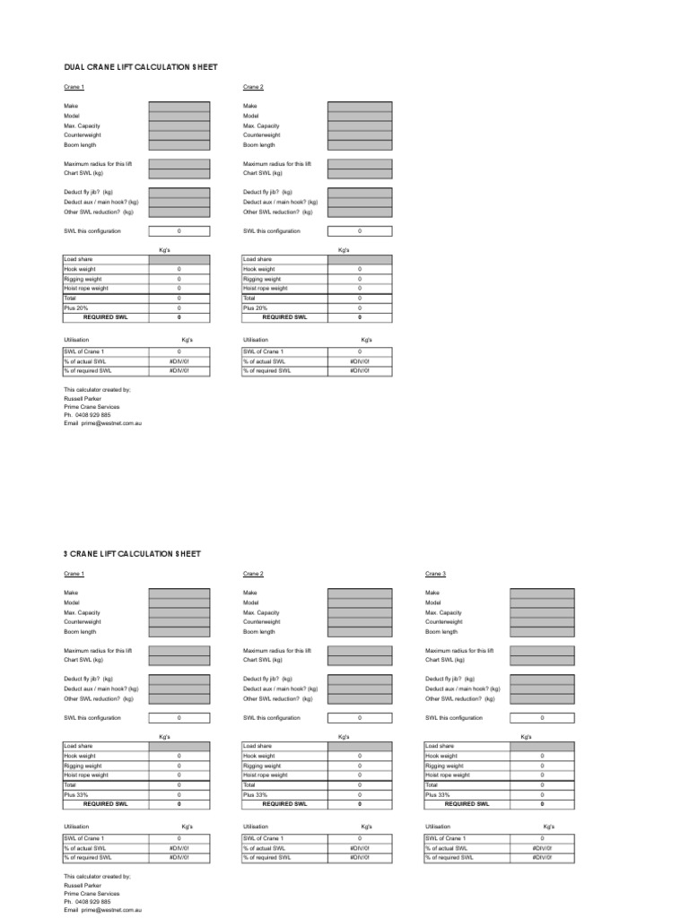 Dual Crane Lift Calculation Sheet: Required SWL 0 Required SWL 0 | PDF ...
