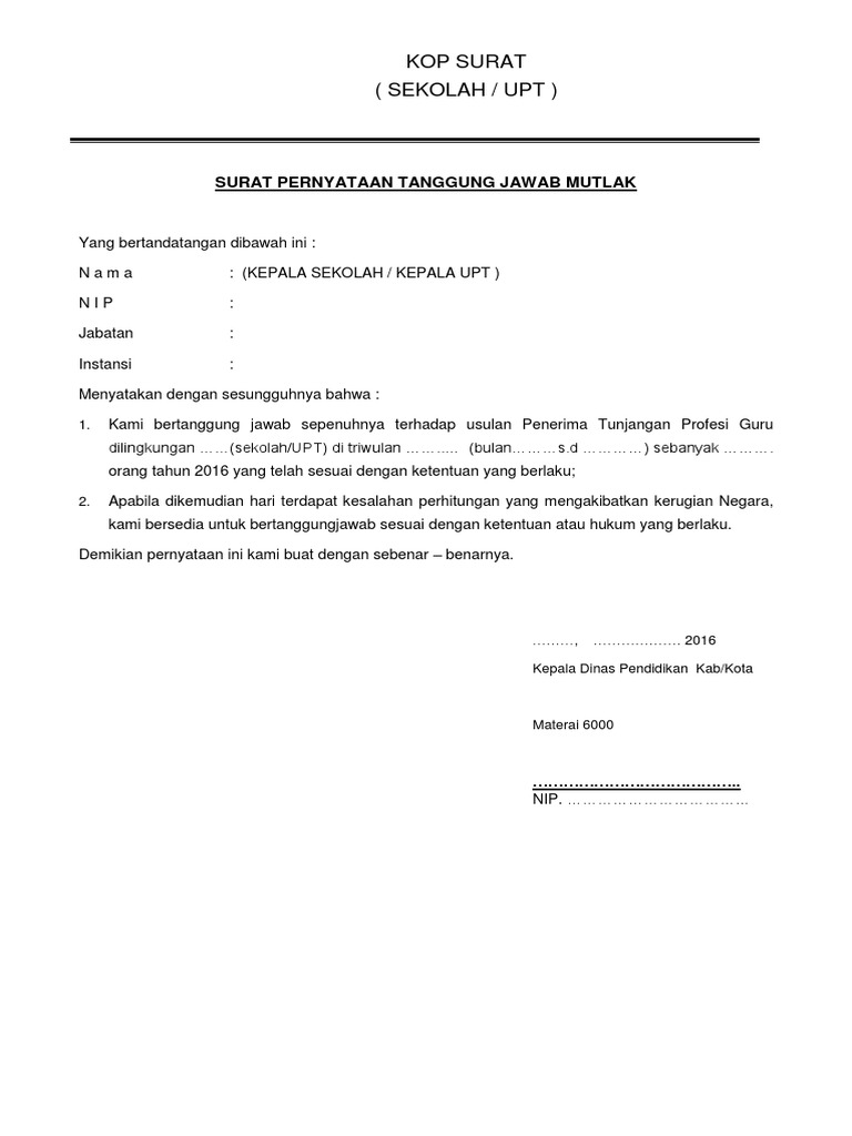 Contoh Surat Pertanggung Jawaban Mutlak | PDF