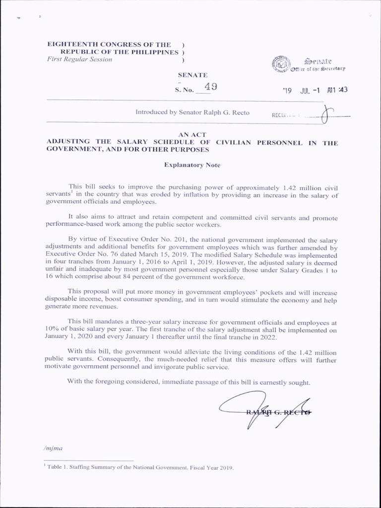 Senate Bill No. 49 Adjusting The Salary Schedule of Civilian Personnel ...