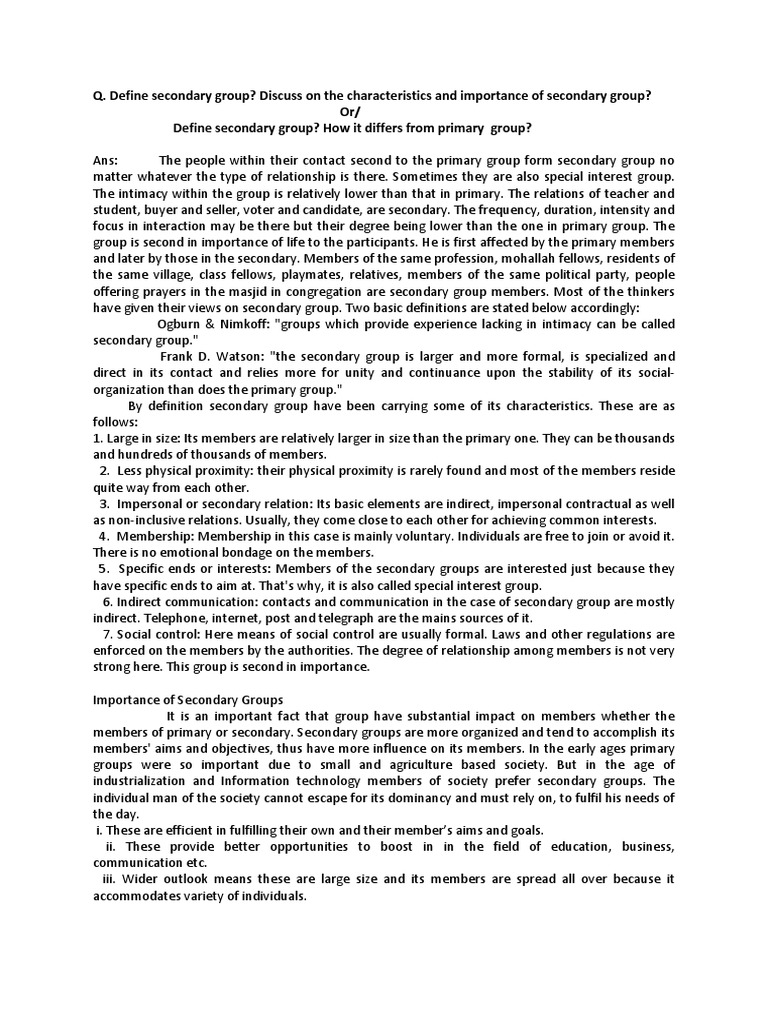 Q. Define Secondary Group? Discuss On The Characteristics and ...