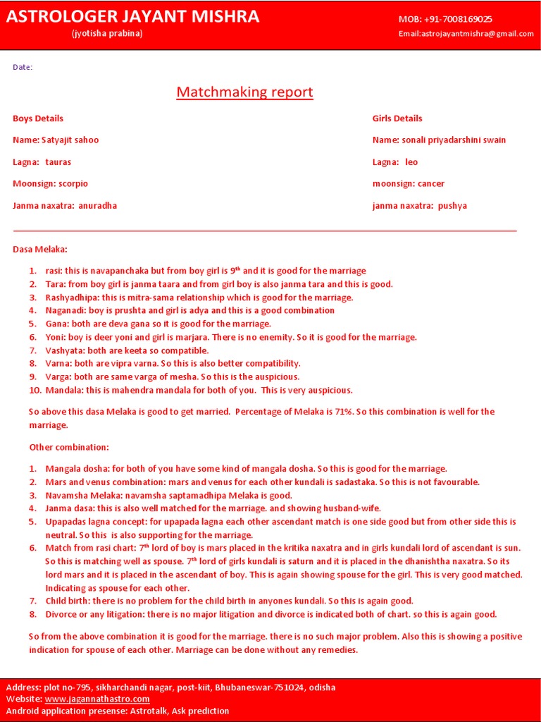 Matchmaking Satyajit Sahoo | PDF | Hindu Astrology | Technical Factors ...