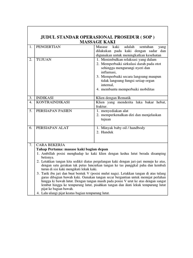 Judul Standar Operasional Prosedur (Sop) Massage Kaki: Tahap Pertama: Masase Kaki Bagian Depan ...