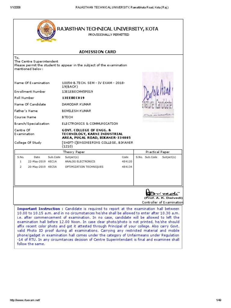 Rajasthan Technical University, Kota: Admission Card | PDF ...