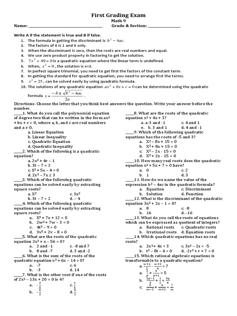 First Grading Exam in Math 9 | PDF | Quadratic Equation | Equations