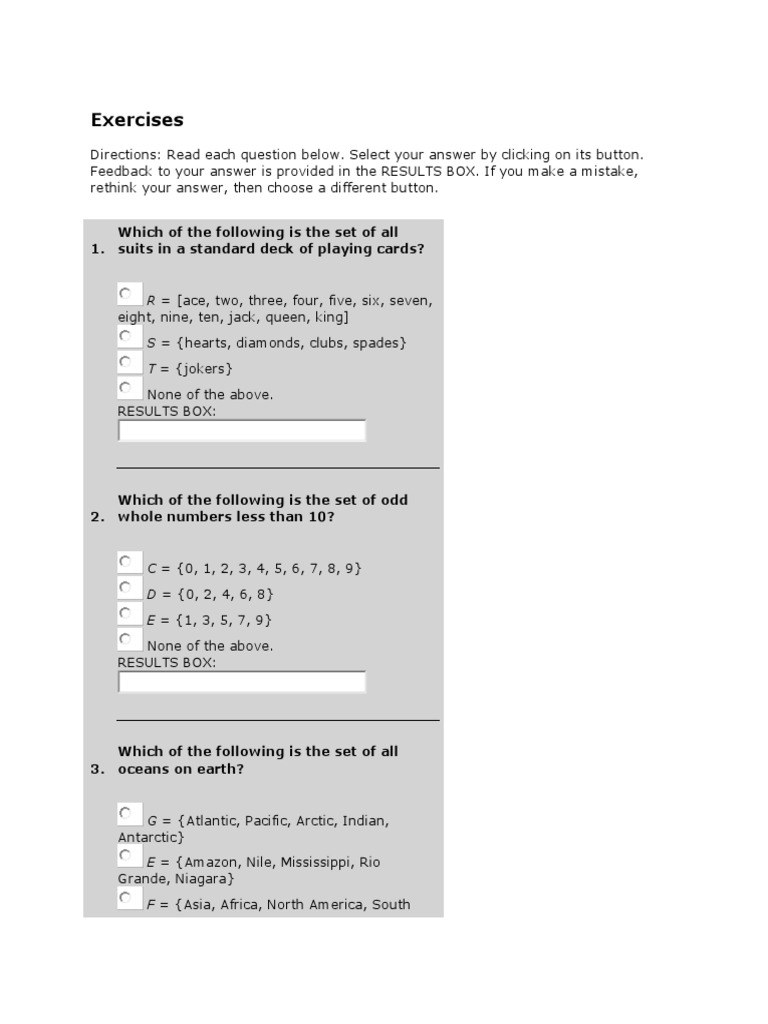 Exercises: 1. Which of The Following Is The Set of All Suits in A ...