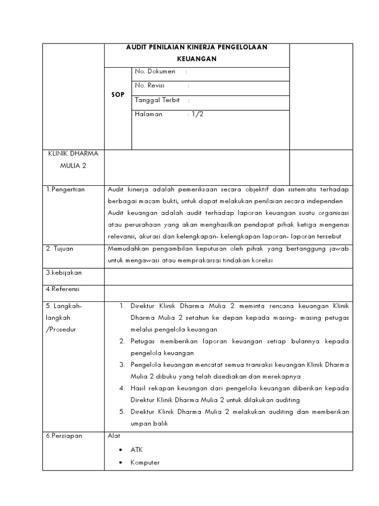 Sop-Audit-Penilaian-Kinerja-Pengelolaan-Keuangan-Klinik Dharma Mulia | PDF