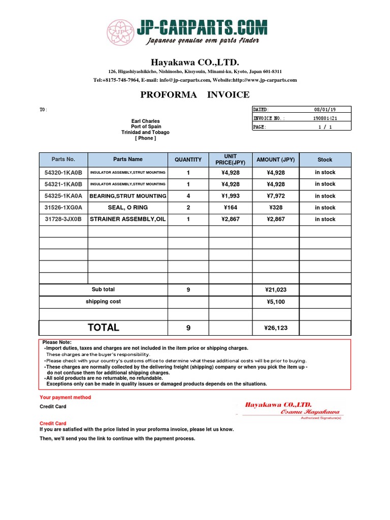 Hayakawa CO.,LTD.: TO: Dated: 08/01/19 Invoice No.: 190801421 1 / 1 ...