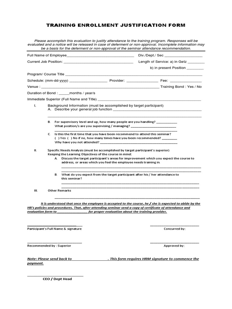 Training Enrollment Justification Form: Payment | PDF | Business