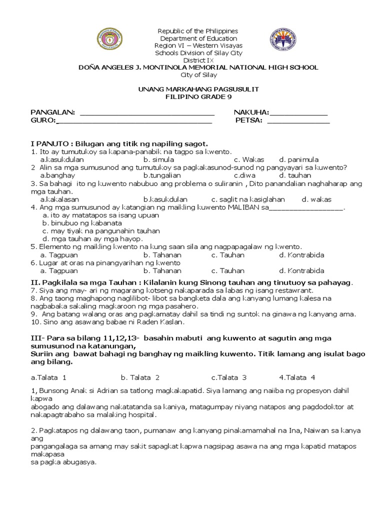 1st Quarter Filipino-Exam | PDF