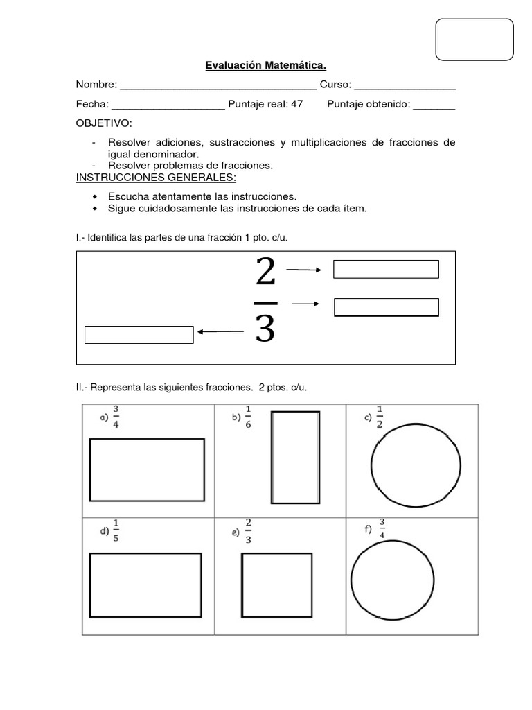 Prueba de Matemática Fracciones | PDF