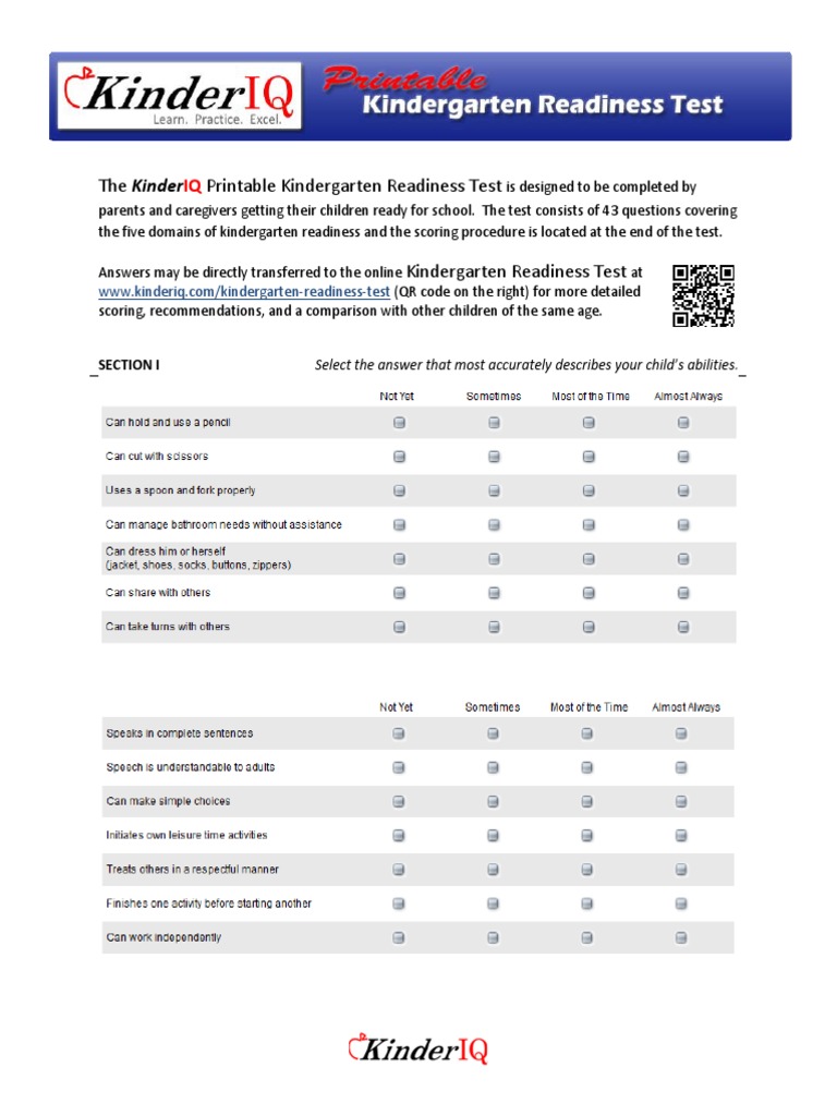 Printable Kindergarten Readiness Test | PDF | Career & Growth | Business