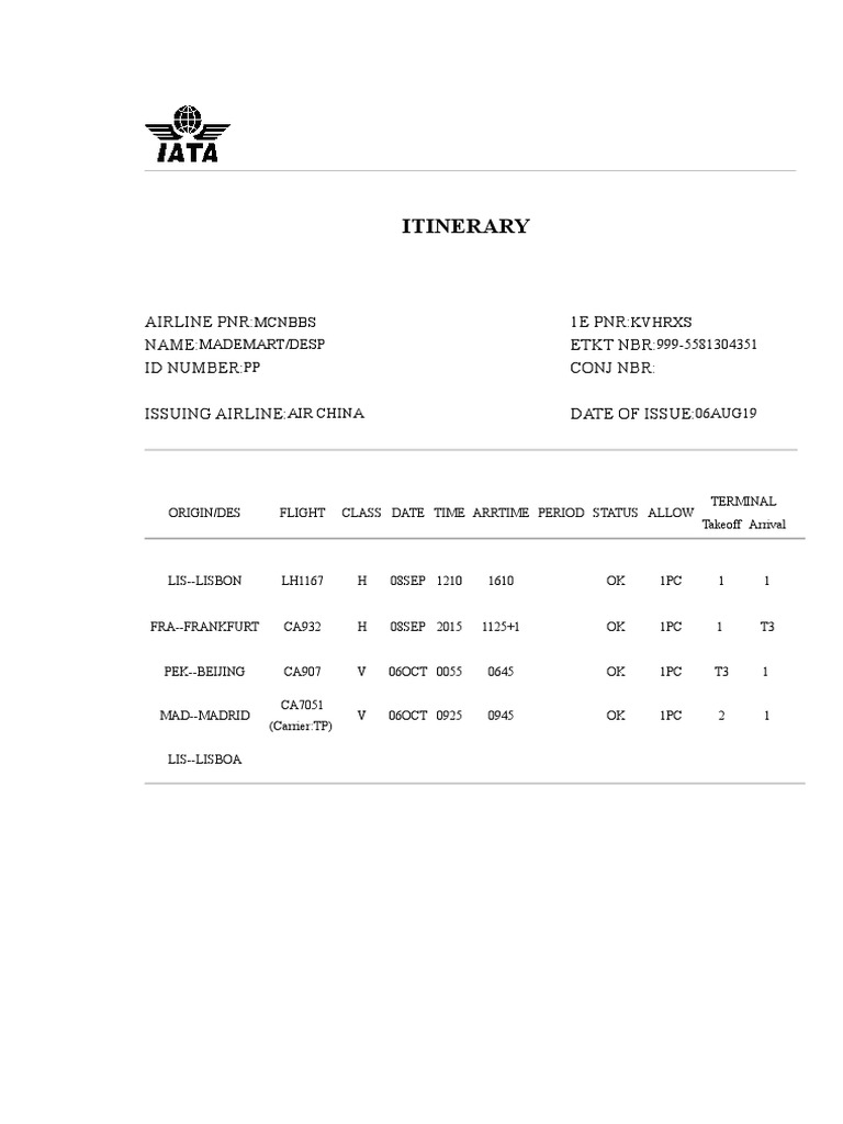 Itinerary: Airline PNR: 1E PNR: Name: Etkt NBR: Id Number: Conj NBR ...