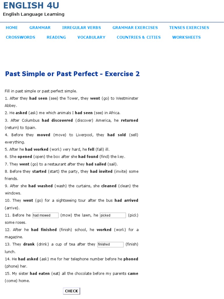 Past Simple or Past Perfect Simple Exercise - English4u 3 | PDF