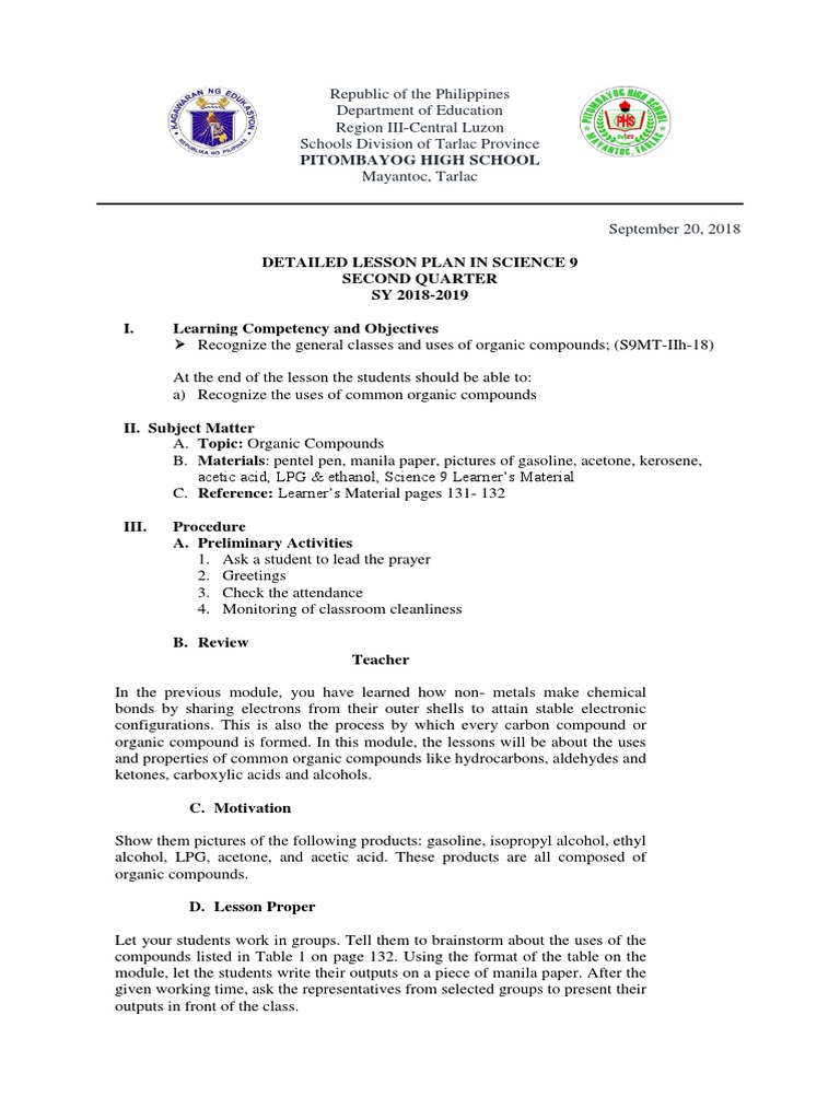 Science 9: Organic Compounds Lesson Plan | PDF | Kerosene | Ethanol