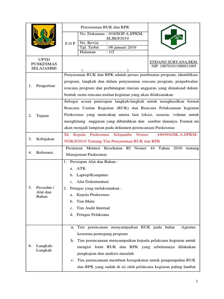 SOP Penyusunan RUK Dan RPK | PDF