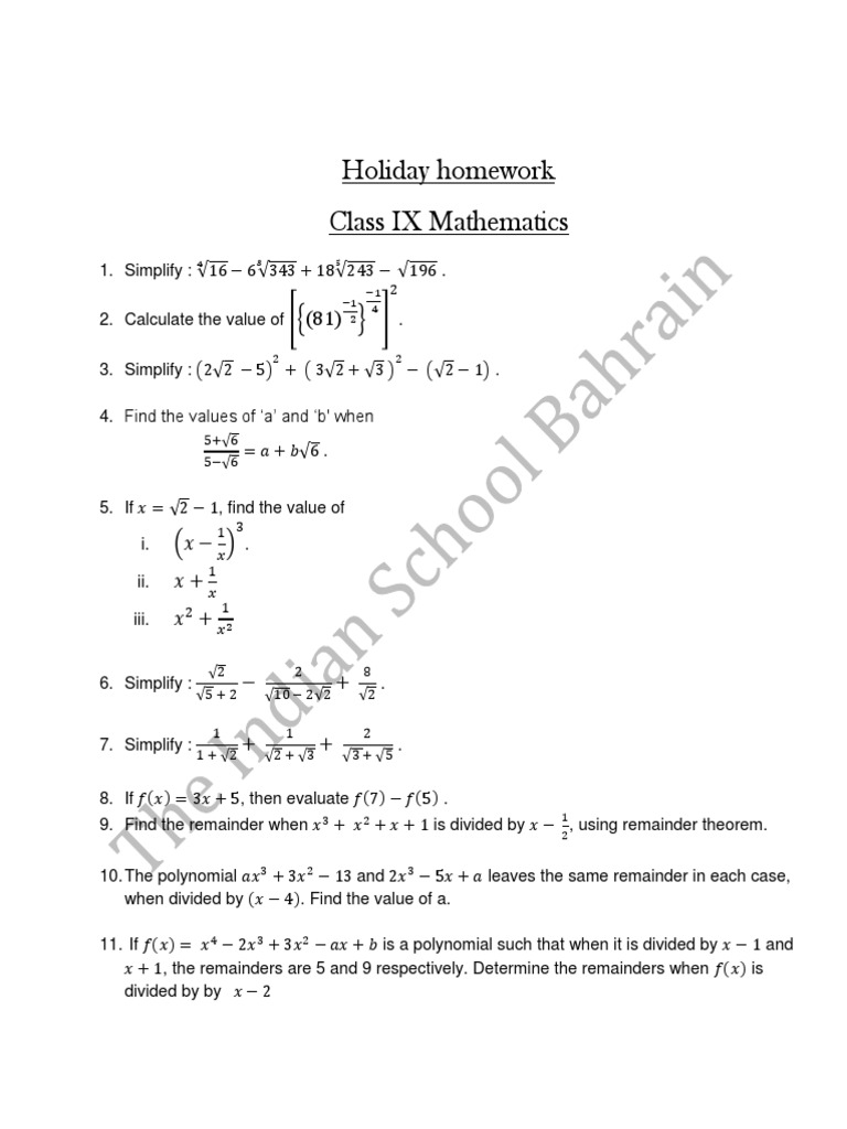 Holiday Homework Class IX Mathematics | PDF | Cartesian Coordinate ...