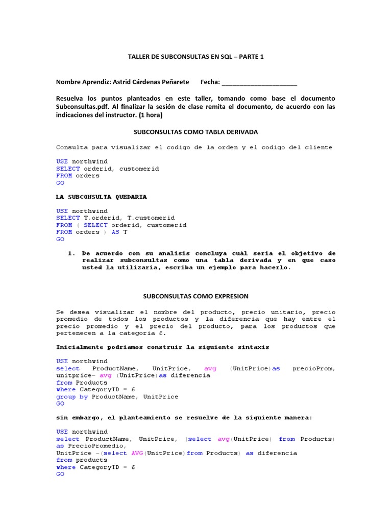 Taller de Sub Consultas en SQL-1.1 | Descargar gratis PDF | SQL | Gestión de datos