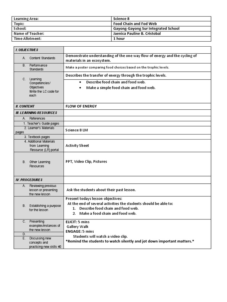 Grade 8 Science: Food Chain Lesson Plan | PDF | Food Web | Pedagogy