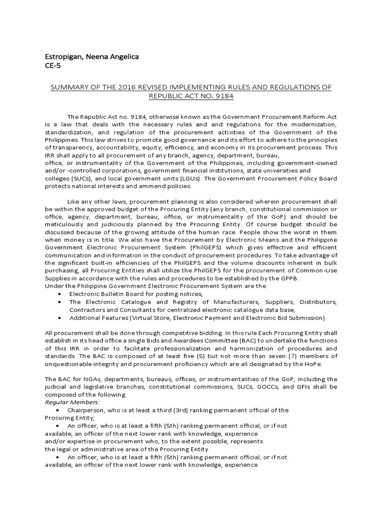 Estropigan, Neena Angelica CE-5 Summary of The 2016 Revised Implementing Rules and Regulations ...