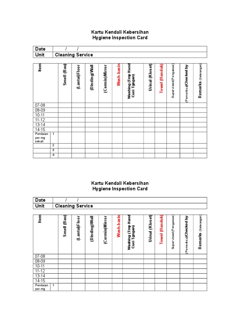 Inspection Card Toilet | PDF | Bathing | Hygiene