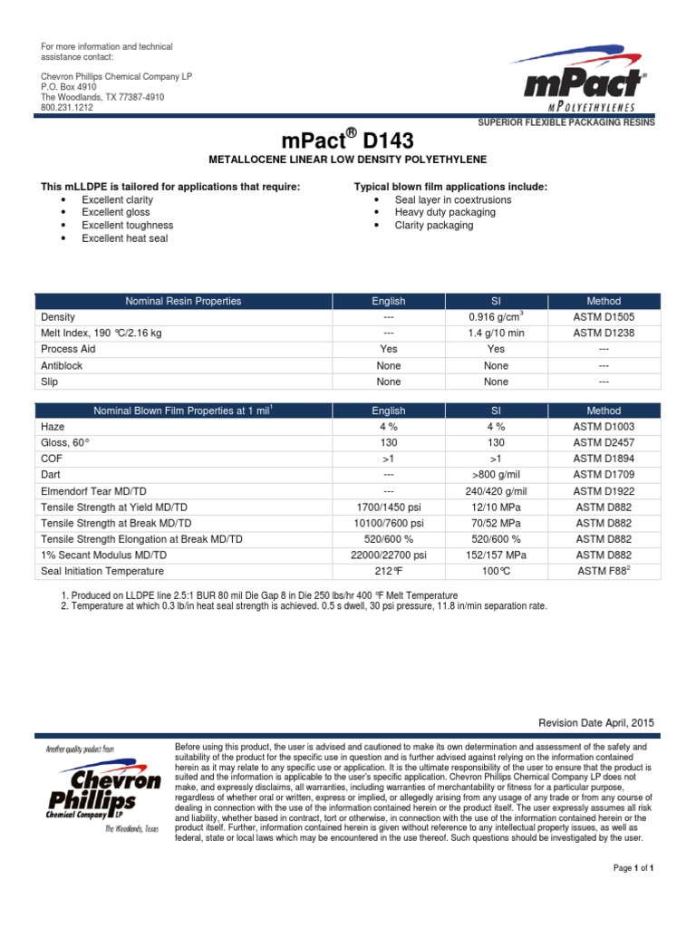 Mpact D143: Metallocene Linear Low Density Polyethylene | PDF | Applied ...