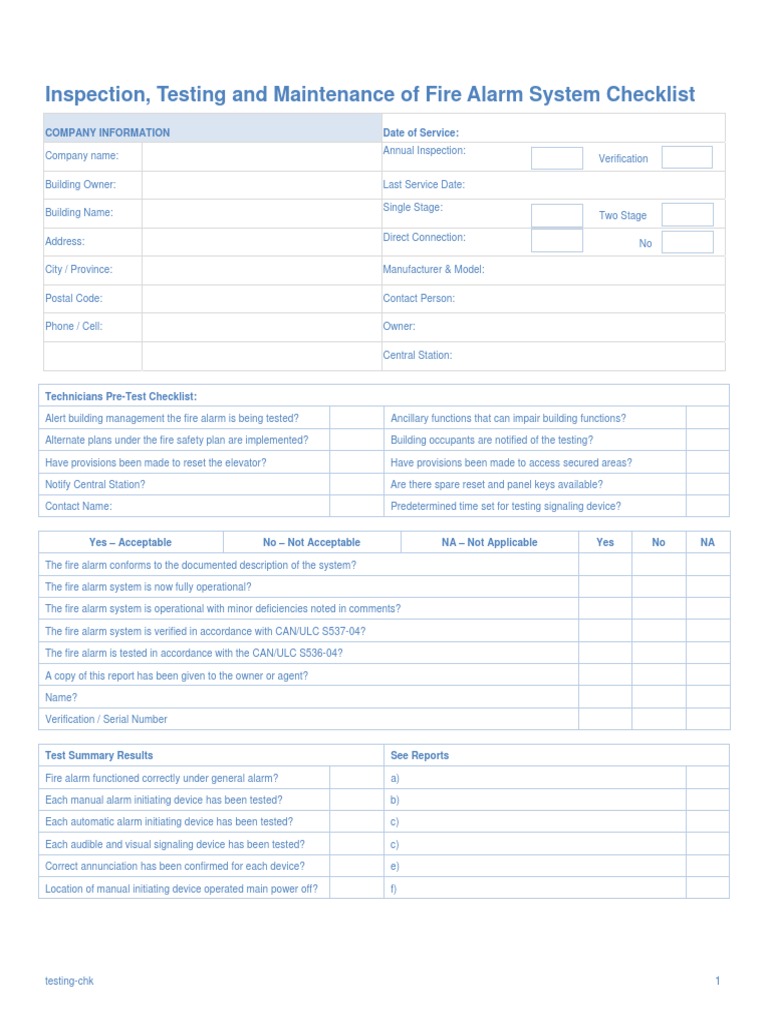 Inspection, Testing and Maintenance of Fire Alarm System Checklist ...