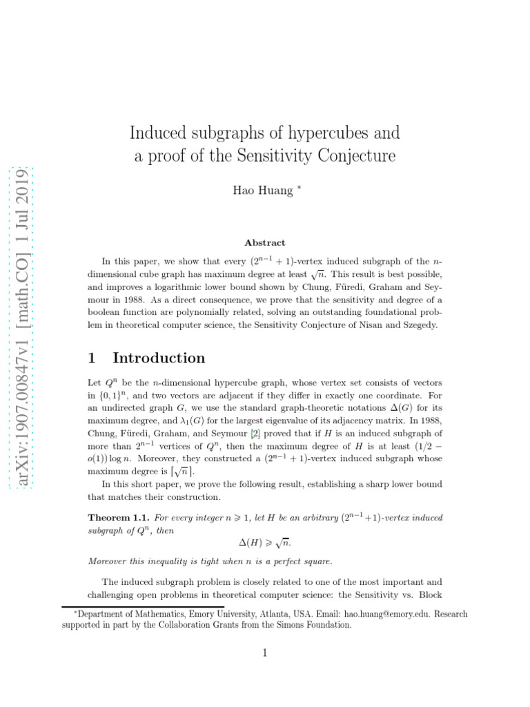 Paper Induced Subgraphs of Hypercubes and A Proof of The Sensitivity ... Paper Induced Subgraphs of Hypercubes and A Proof of The Sensitivity ...