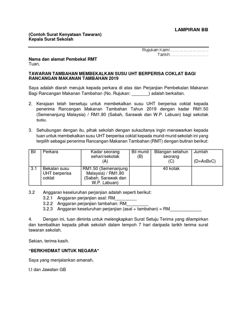 Lampiran BB Surat Tawaran Membekal Menu Susu Dalam RMT Kepada Pembekal ...