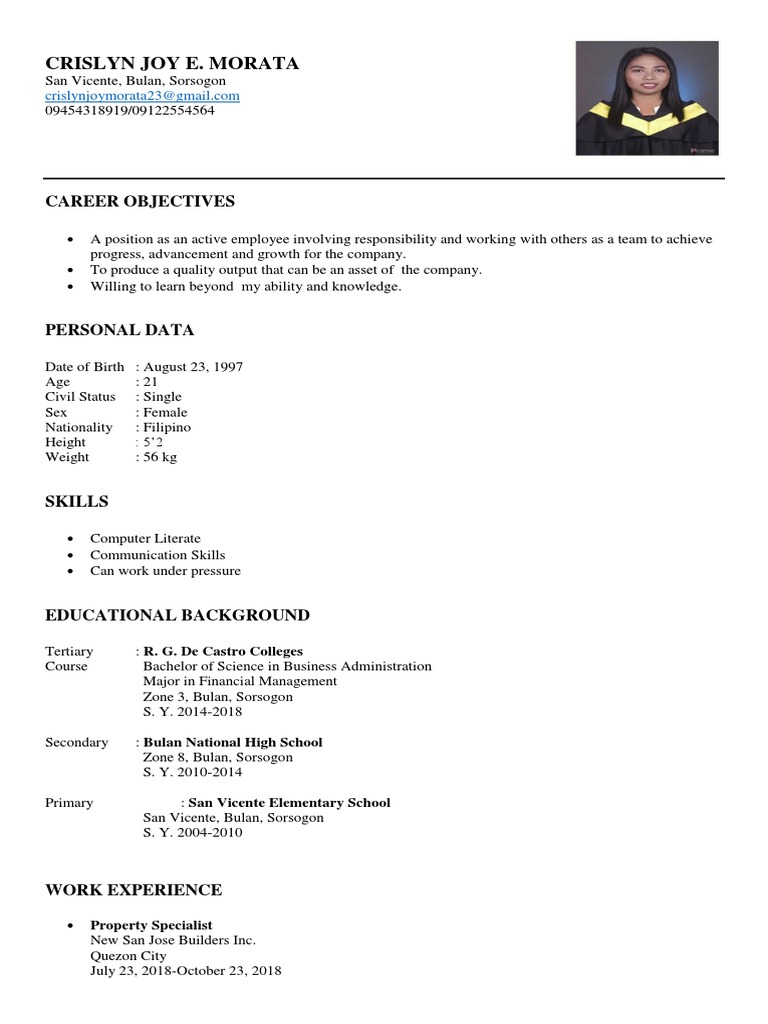 Crislyn Joy E. Morata: Career Objectives | PDF