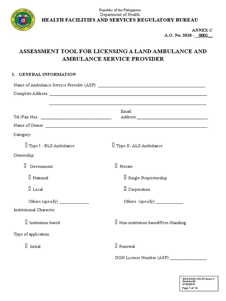 Assessment Tool For Licensing A Land Ambulance and Ambulance Service Provider | PDF | Emergency ...