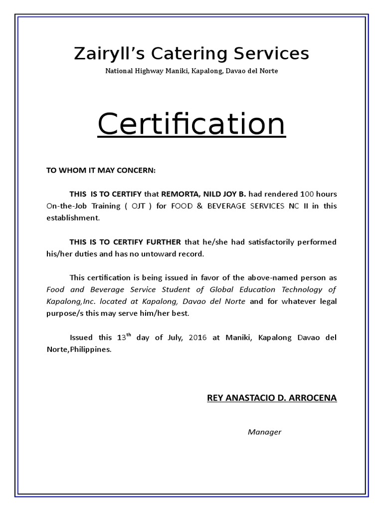 Certification: Zairyll's Catering Services | PDF | Business