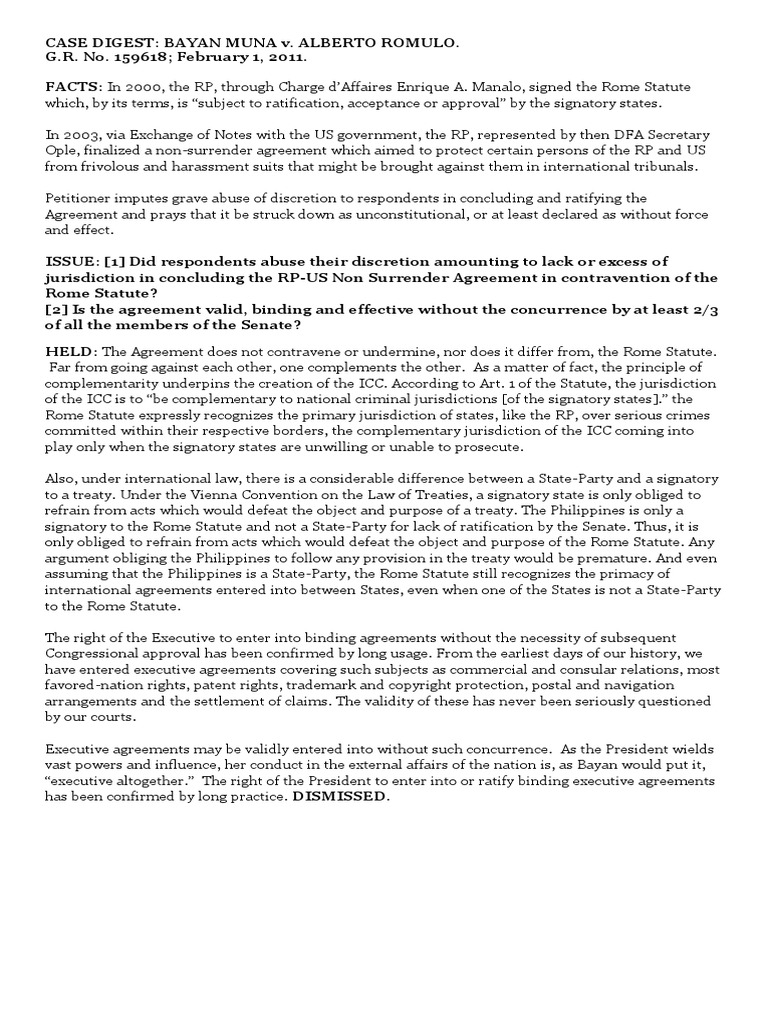 Bayan Muna V Romulo Digest | PDF | Treaty | International Criminal Court