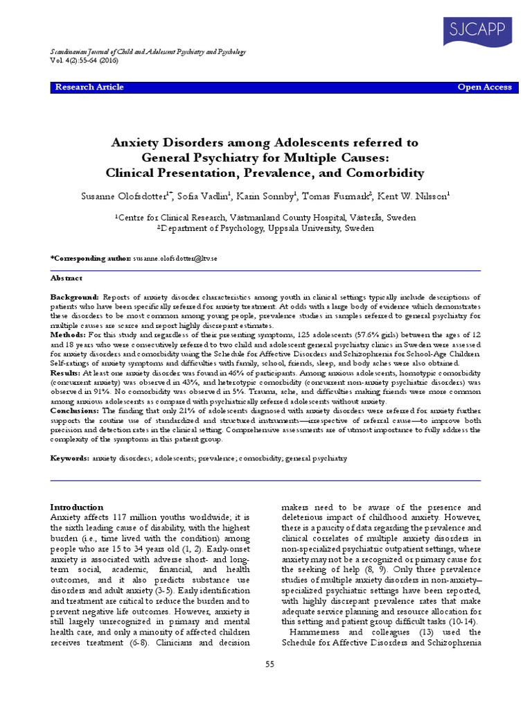 Anxiety Disorders Among Adolescents Referred To General Psychiatry For ...