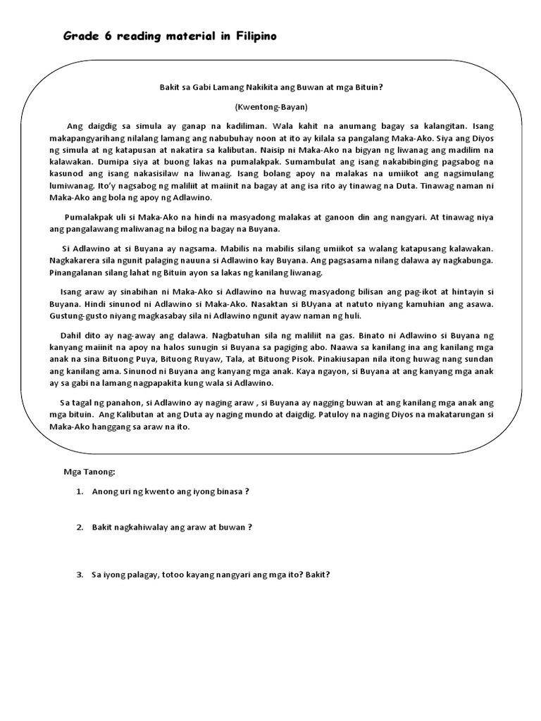 Grade 6 Reading Material in Filipino Session 13 | PDF