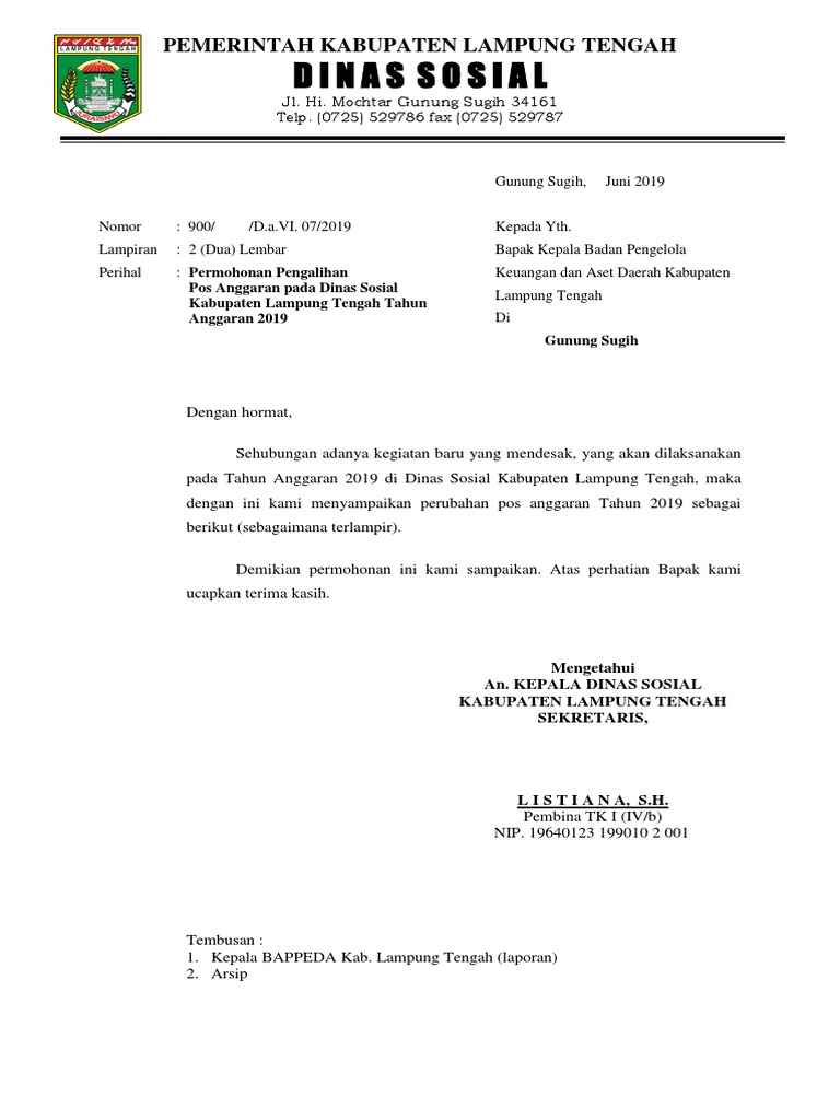 Surat Pengantar Usulan Perubahan Pos Anggaran Rka TTD Sekretaris | PDF