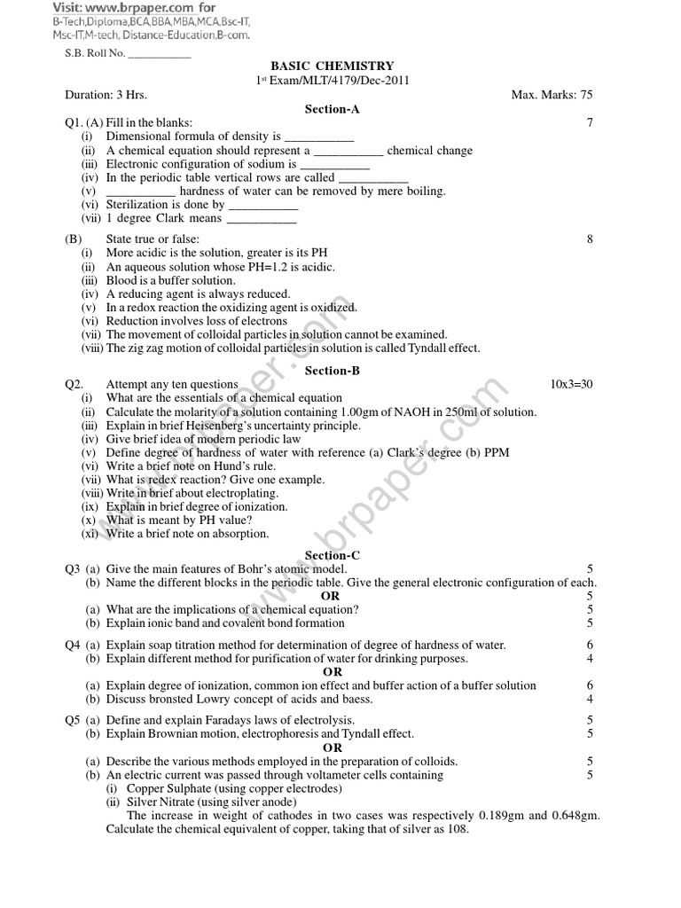 S.B. Roll No. - : Basic Chemistry | PDF | Redox | Buffer Solution