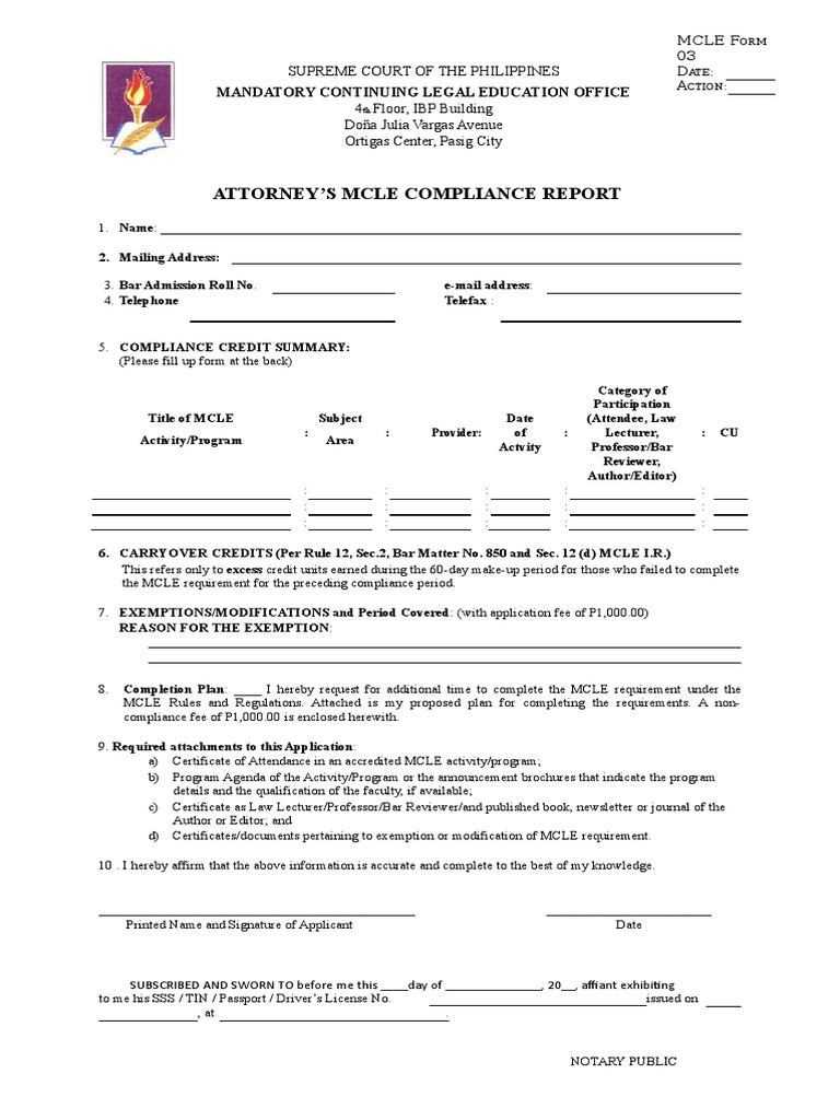 Attorney'S Mcle Compliance Report: Mandatory Continuing Legal Education ...