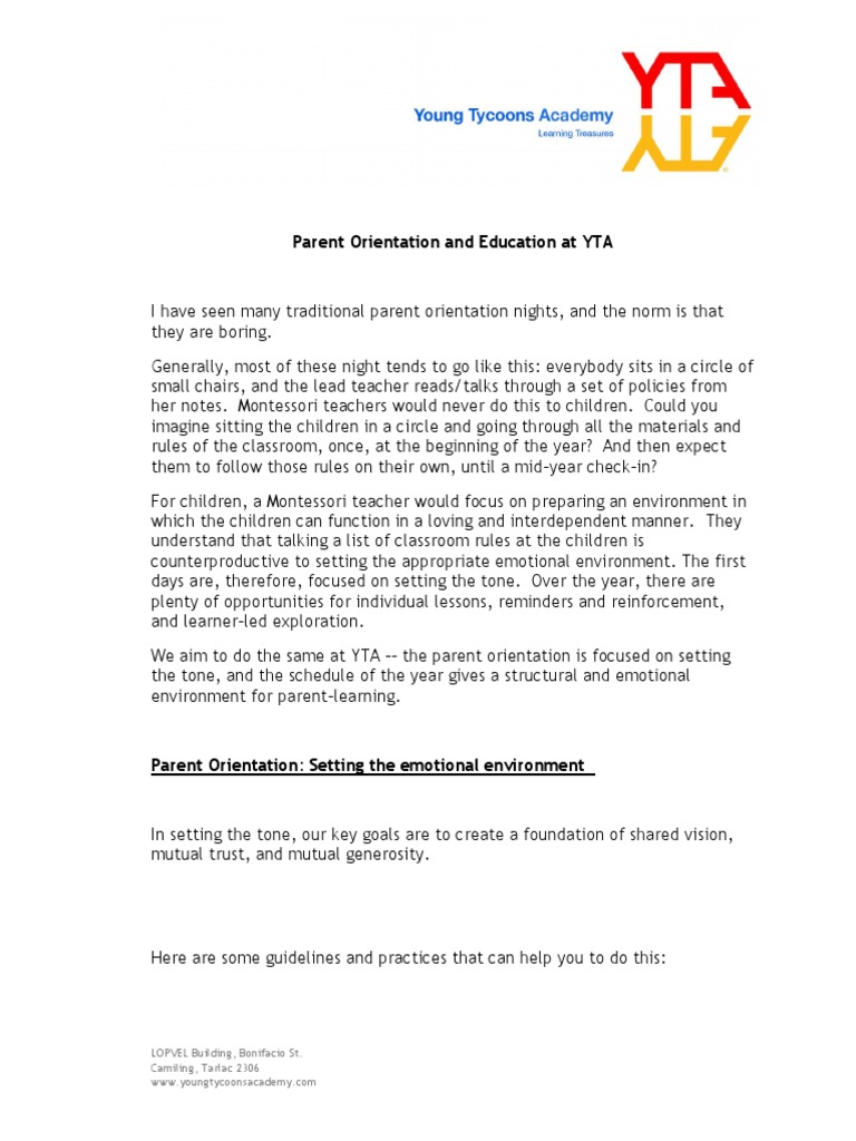 Effective Parent Orientation at YTA | PDF | Montessori Education ...