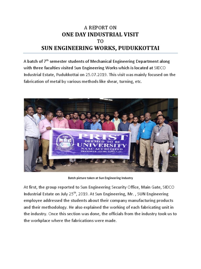 One Day Industrial Visit Sun Engineering Works, Pudukkottai: A Report ...
