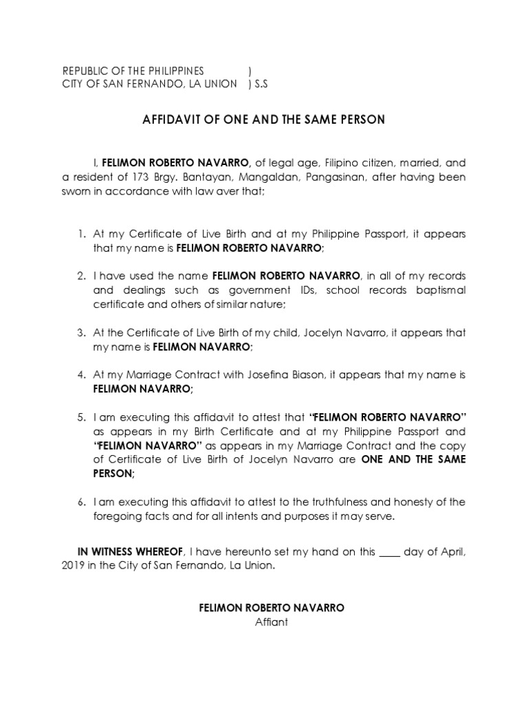Affidavit of One and The Same Person | PDF | Affidavit | Identity Document