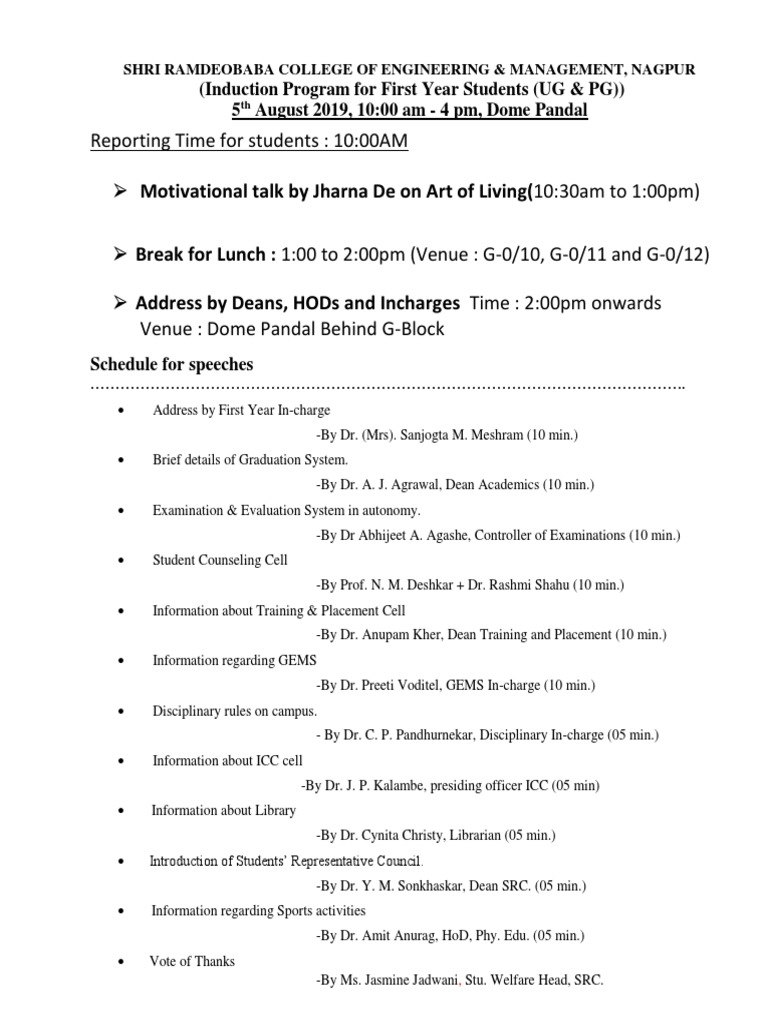 Final Schedule Induction Program, 29-07-2019 To 05-08-2020 | PDF