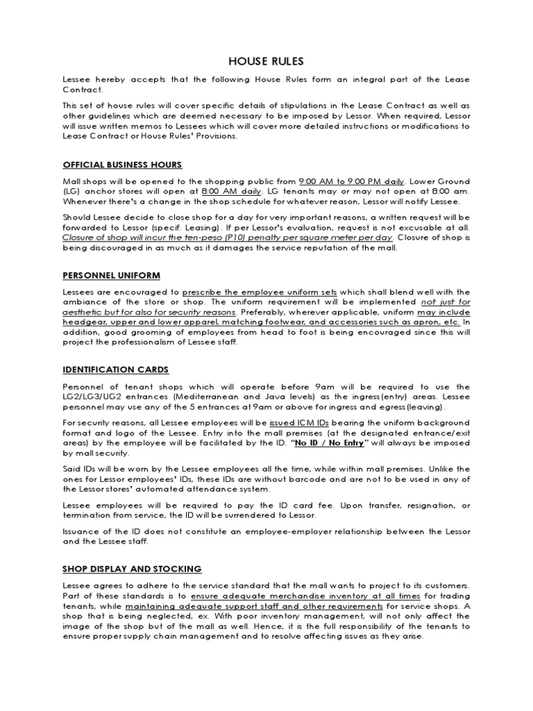 House Rules: Official Business Hours | PDF | Security Guard | Lease