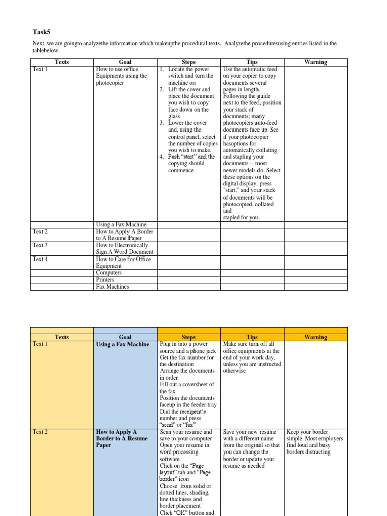 Task5: Texts Goal Steps Tips Warning | PDF | Photocopier | Media Technology